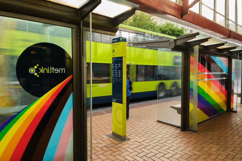 Rainbow bus connection in downtown Wellington » Metlink